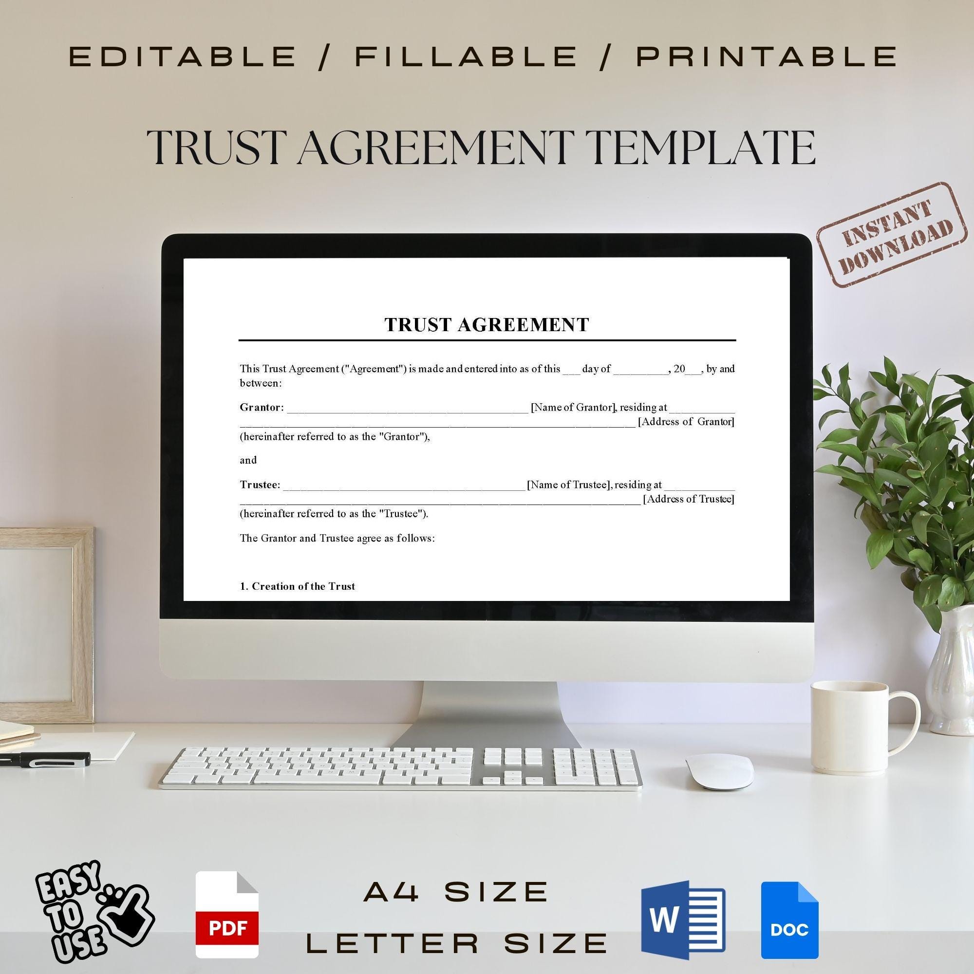 Trust Agreement Template, Editable Fillable Printable (digital Download ...