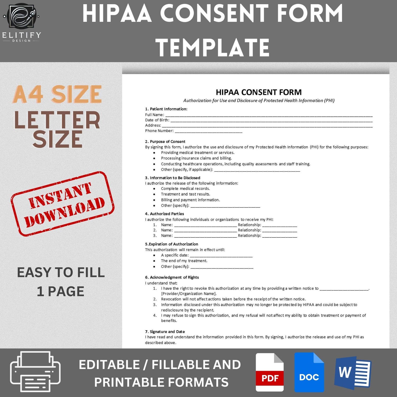 HIPAA Consent Form Template, Editable Fillable Printable (PDF, Word) - Etsy
