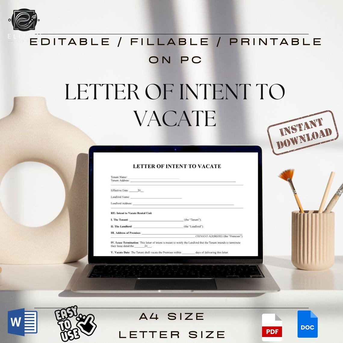 LETTER of INTENT to VACATE Template / Editable, Fillable, Printable ...