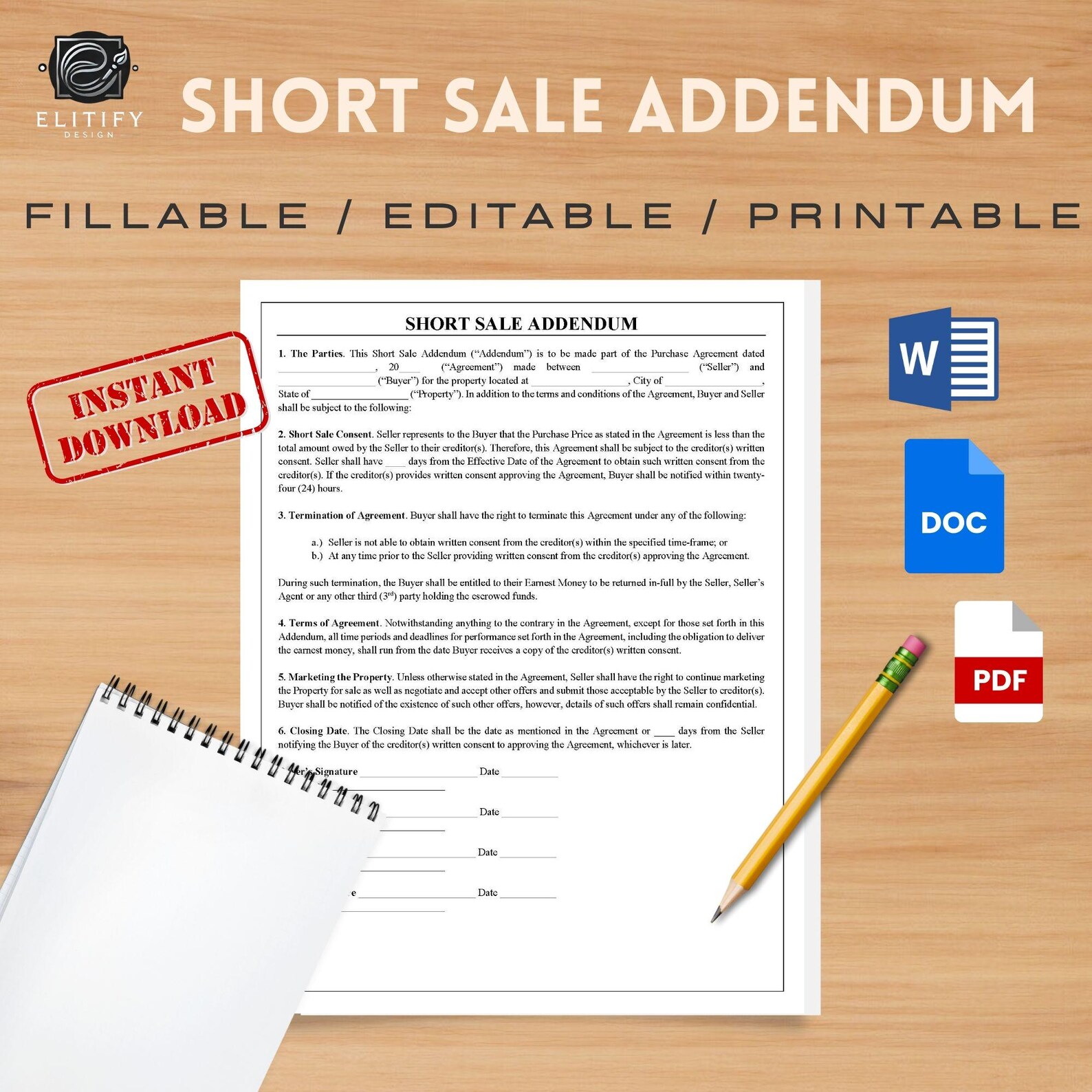 Short Sale Addendum Template, Editable Printable (digital Download) - Etsy