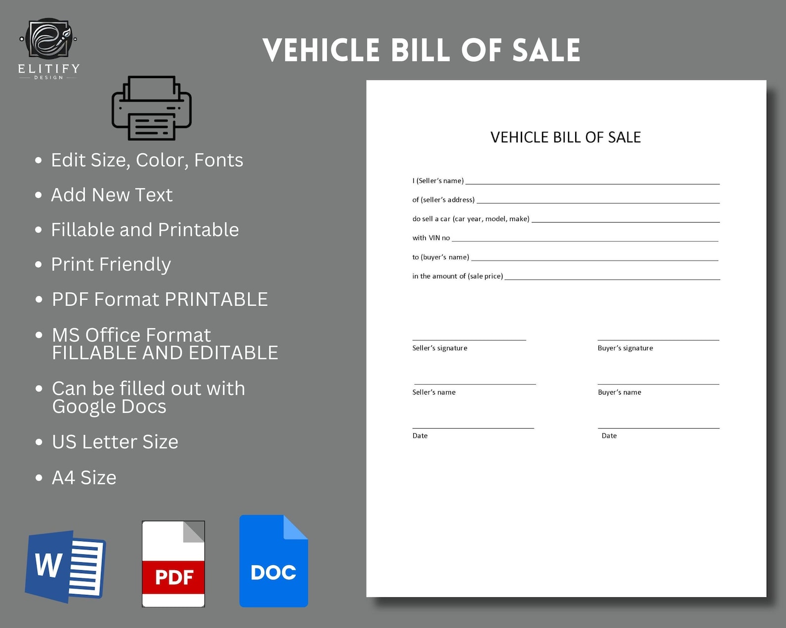 Vehicle Bill of Sale Template, Printable & Editable (PDF, Word) - Etsy