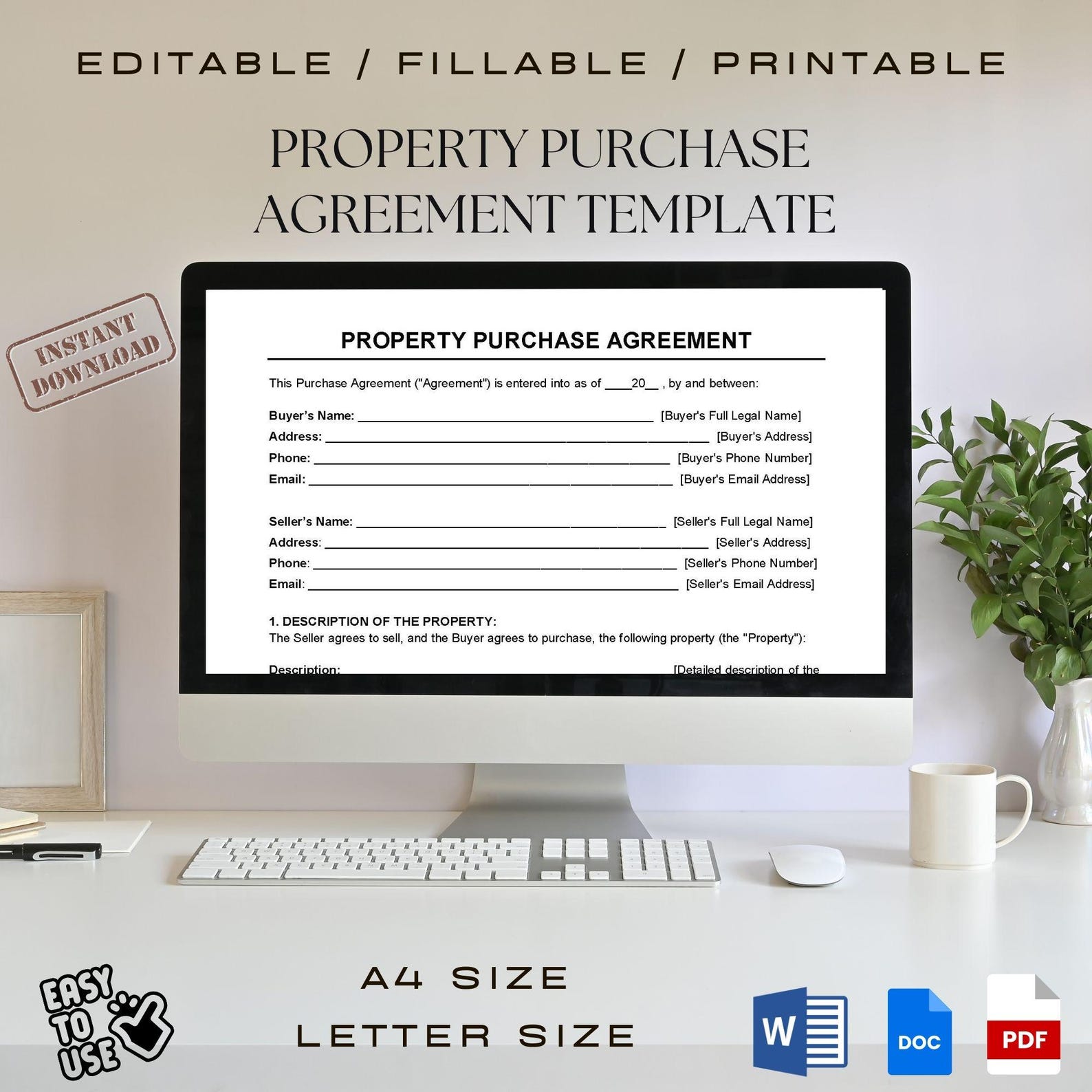PROPERTY PURCHASE AGREEMENT Template / Editable, Fillable, Printable ...