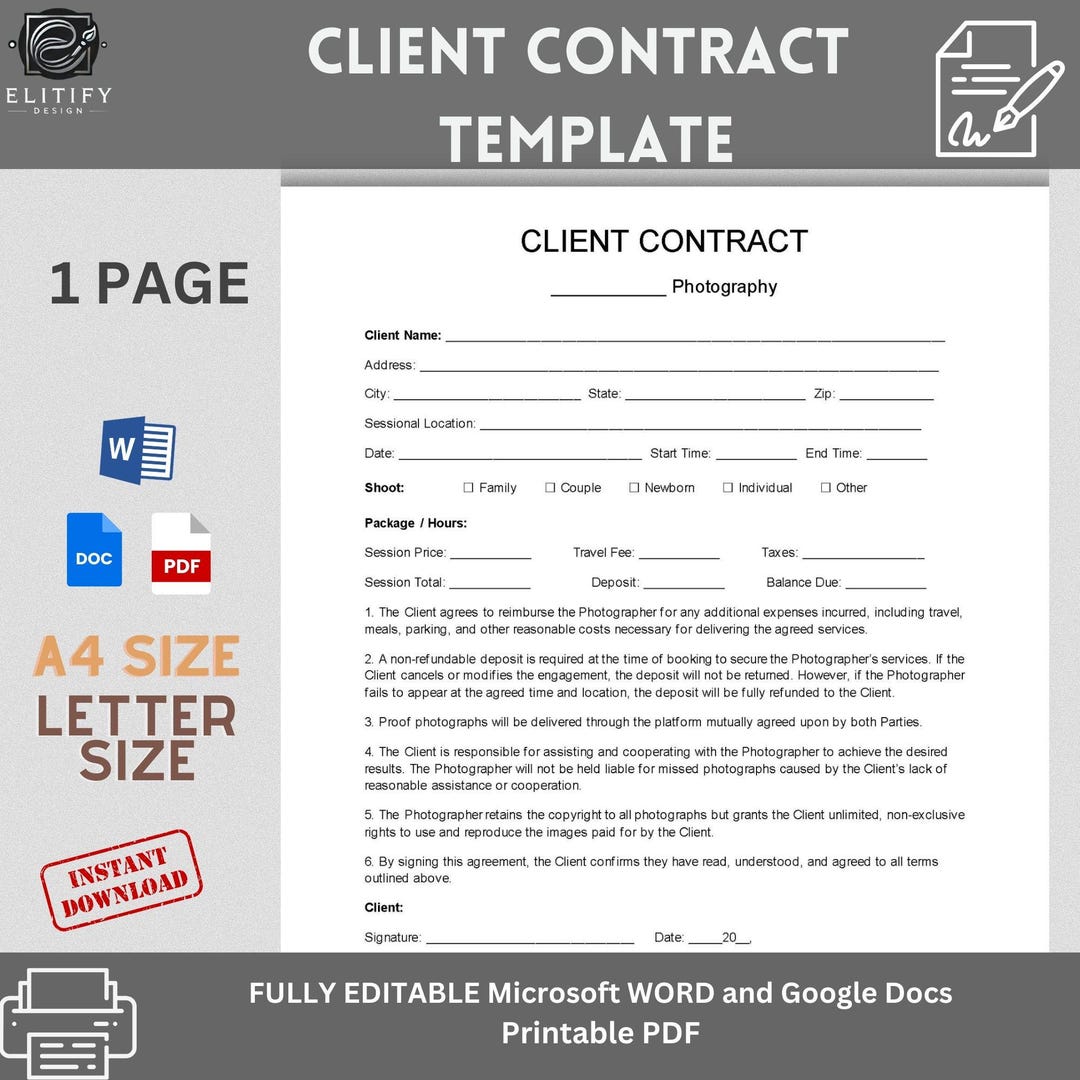 Photographer CLIENT CONTRACT TEMPLATE / 1 Page Template / Photographer ...