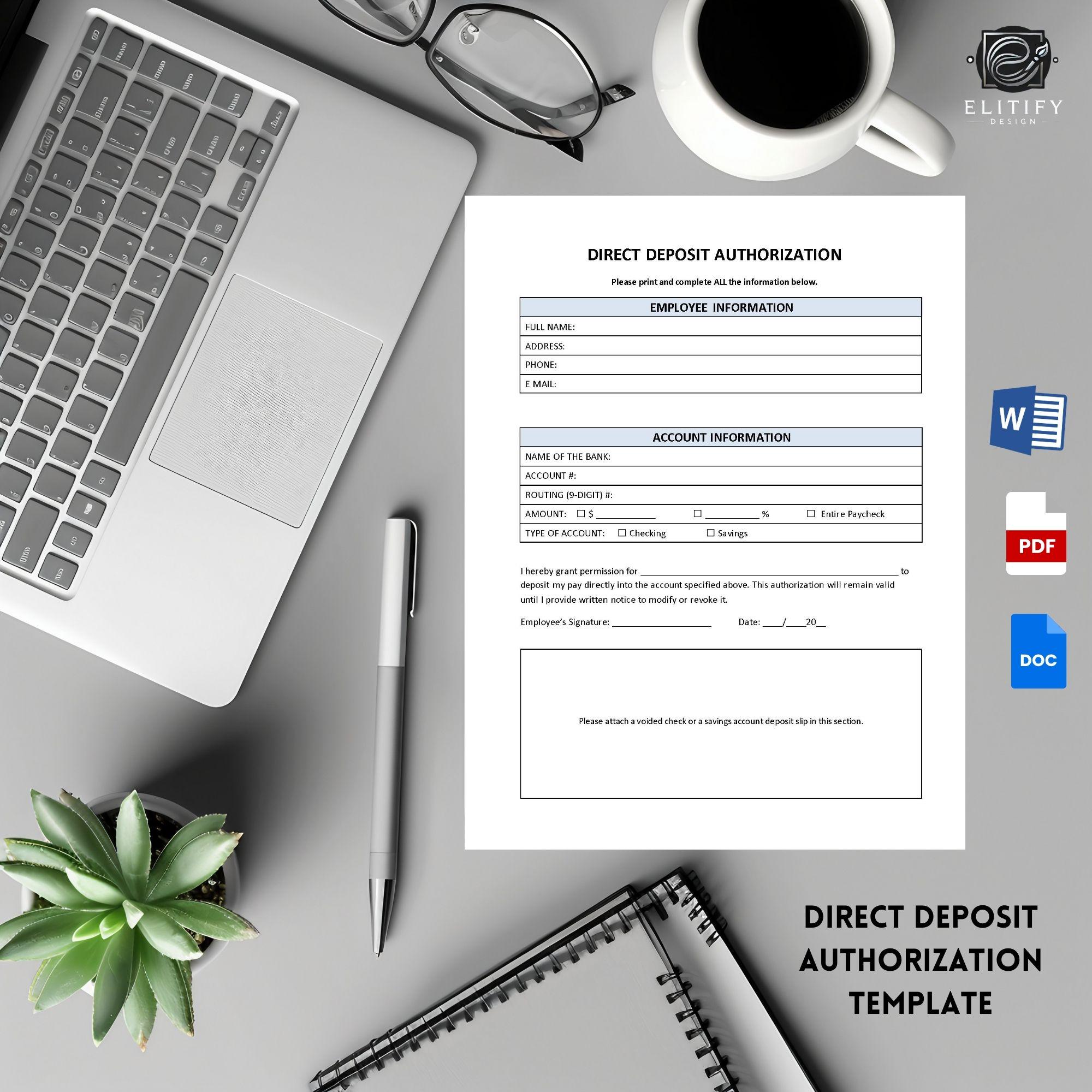 DIRECT DEPOSIT AUTHORIZATION Form Template / Printable and Editable ...