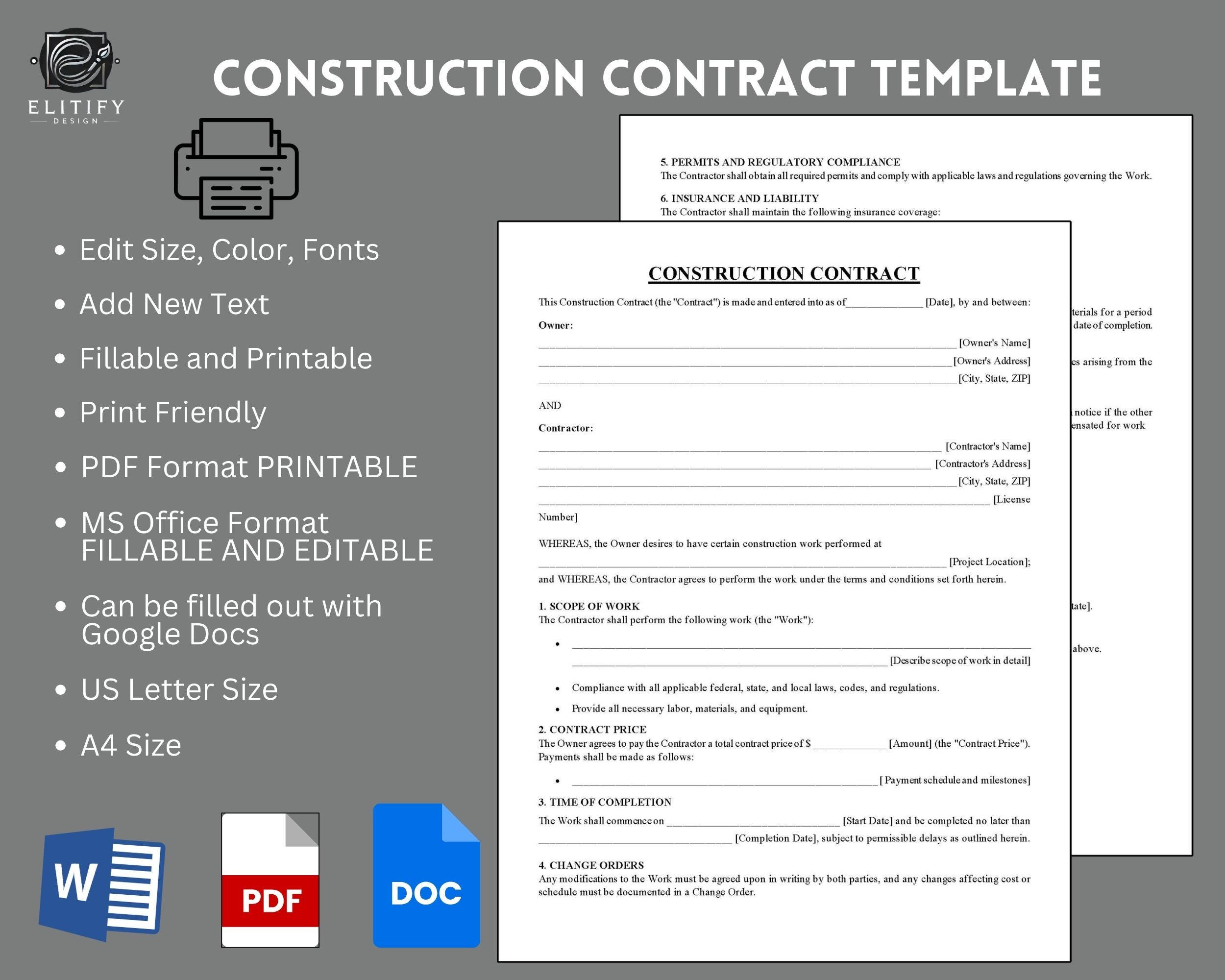 Construction Contract Template, Editable PDF, Google Docs, MS Word - Etsy