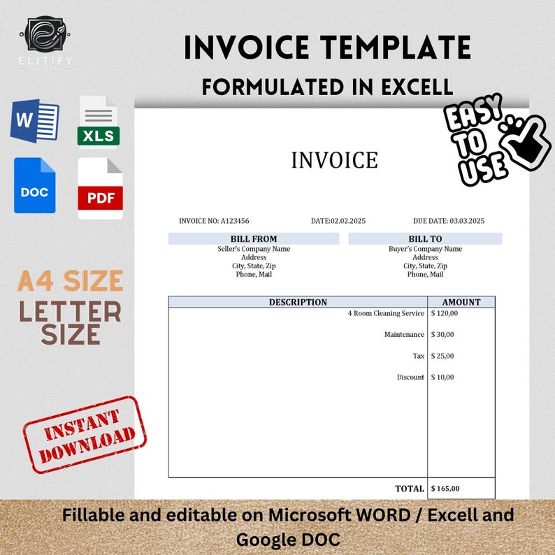 Invoice Template. for Small Businesses Excell and Word Format/ Custom ...
