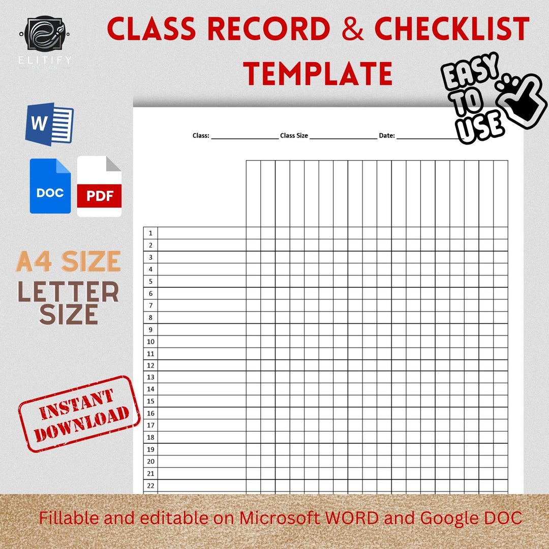 CLASS RECORD and CHECKLIST Template / Editable Fillable Printable ...