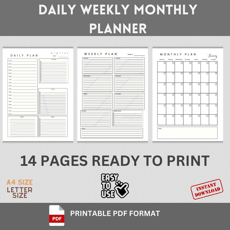 Daily, Weekly, Monthly Planner, Printable Pdf Planner Set, Instant ...