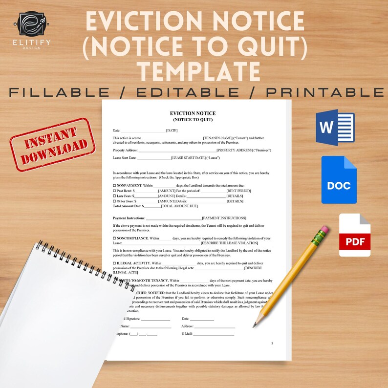 Eviction Notice Template, Notice to Vacate, Editable, Printable ...