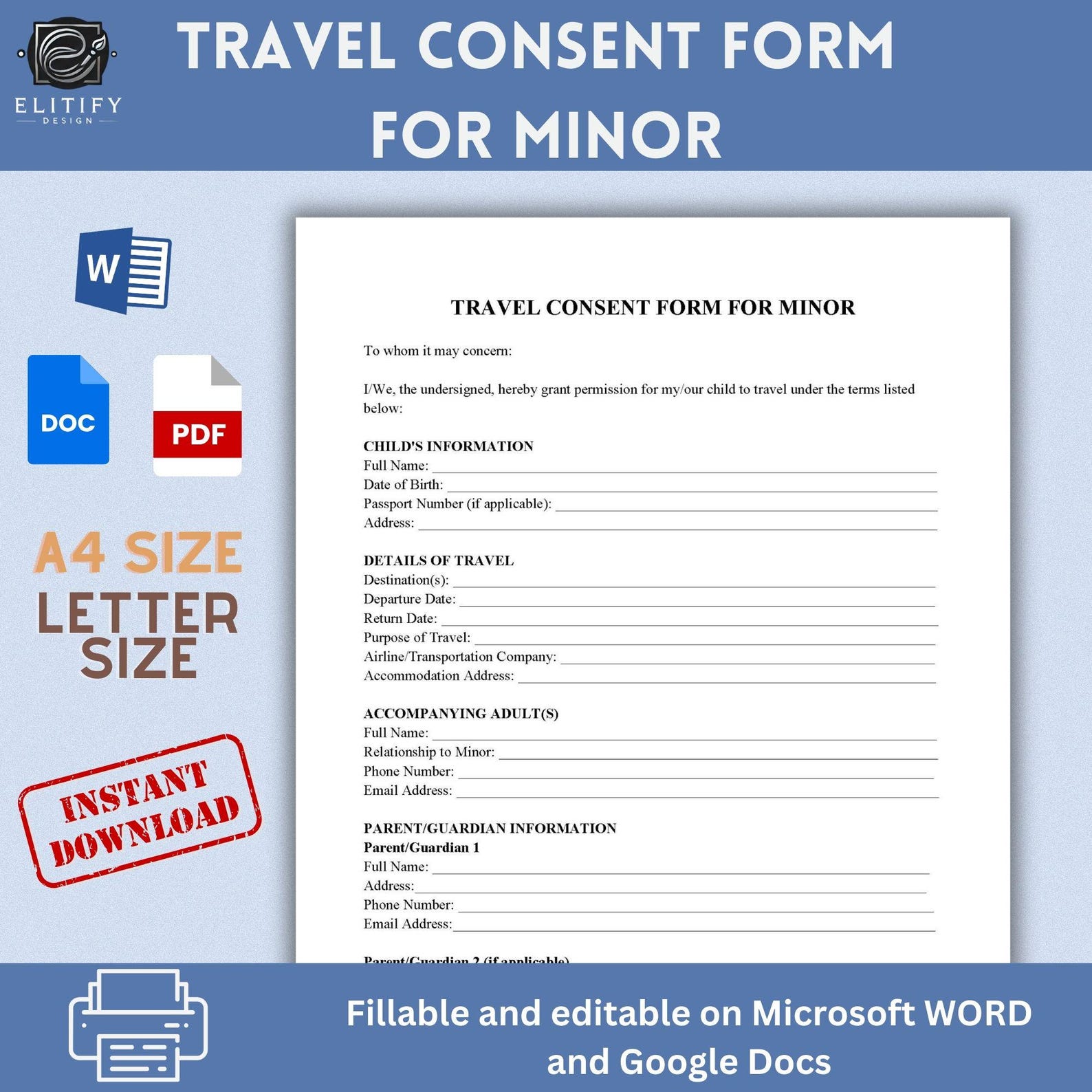 TRAVEL CONSENT FORM for Minor Template / Editable, Fillable, Printable ...