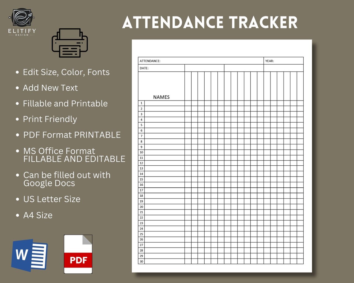 Attendance Tracker Template: Editable Class Record (digital Download ...