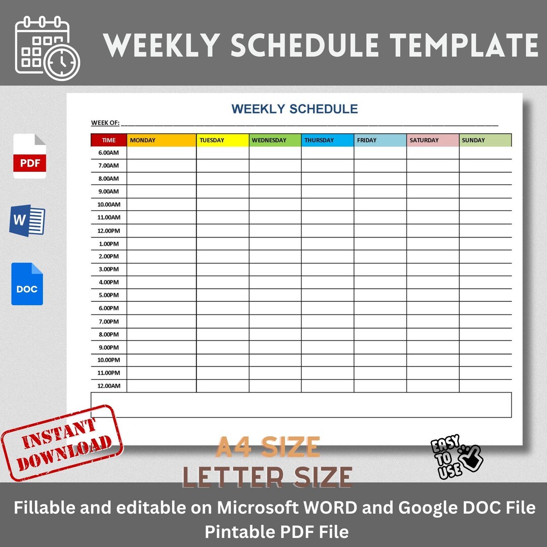 Weekly Schedule Template. A4 US Letter PDF Weekly Planner, 7 Day ...