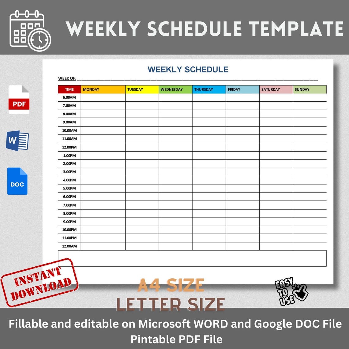 Weekly Schedule Template. A4 US Letter PDF Weekly Planner, 7 Day ...