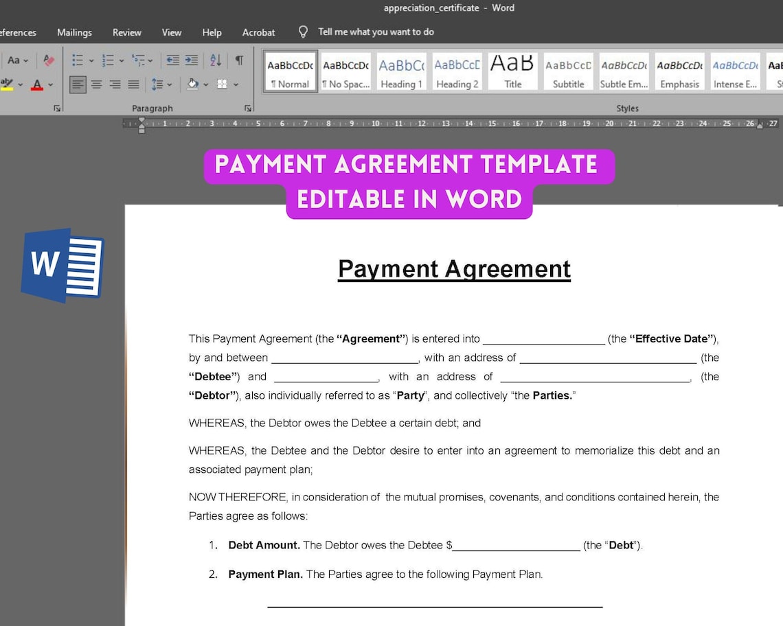 Payment Agreement Template. Payment Contract Template / Fillable, Editable, Printable Format ...
