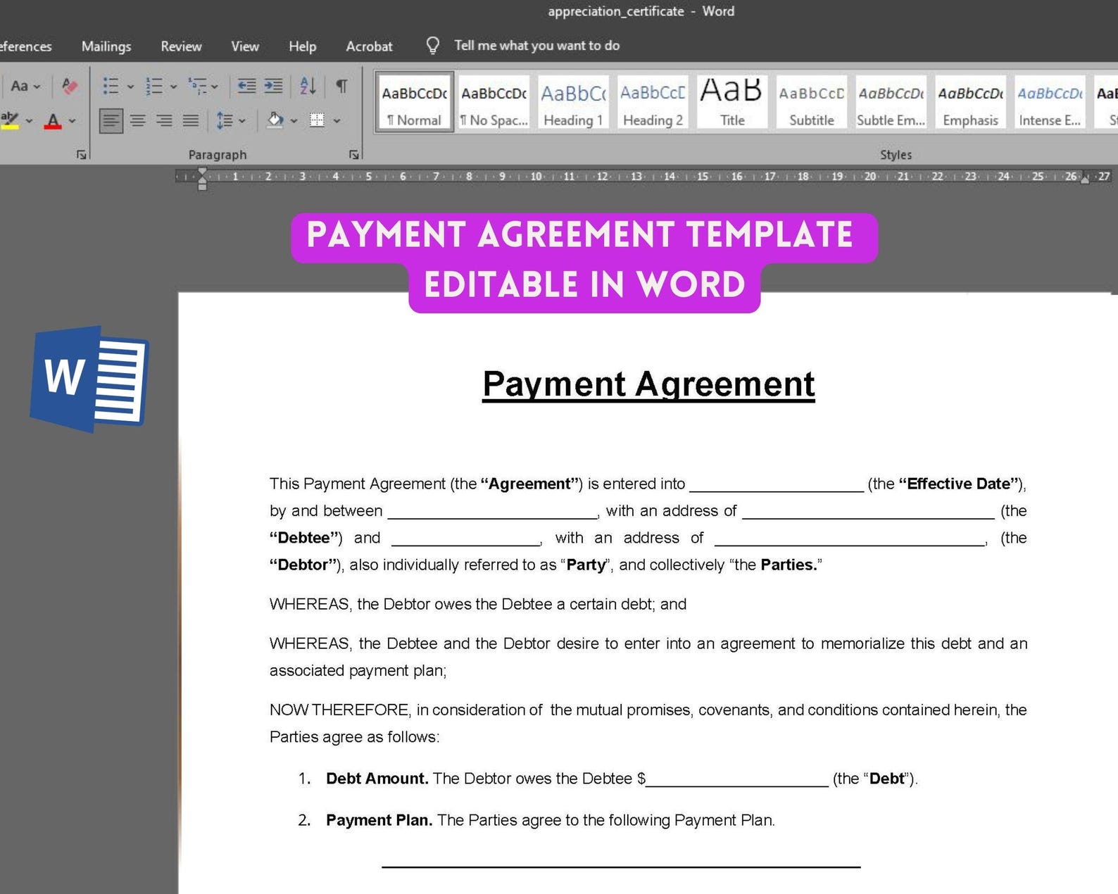 Payment Agreement Template, Printable Contract (word & PDF) - Etsy