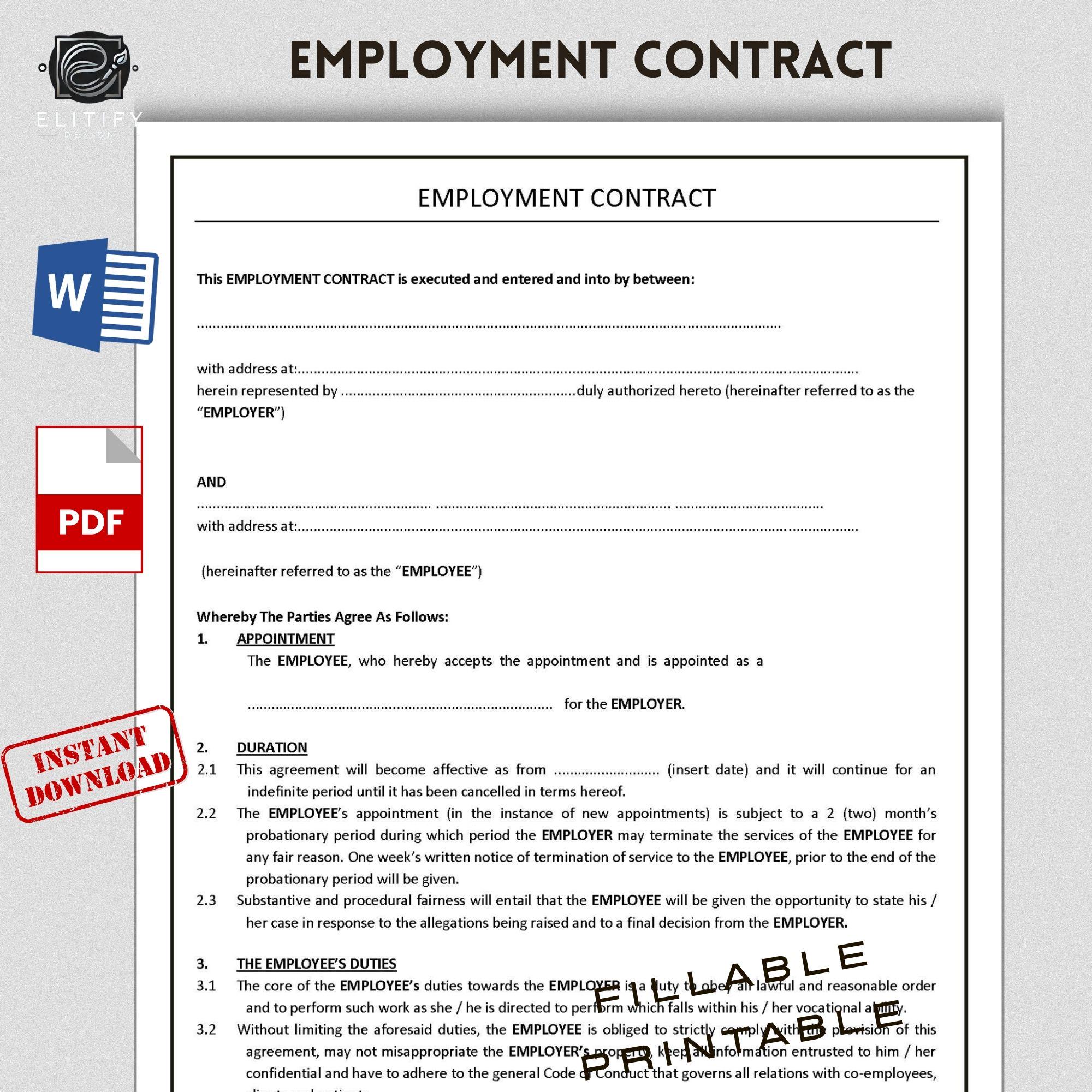 Employment Contract Template. HR Employer Employee Form - Etsy