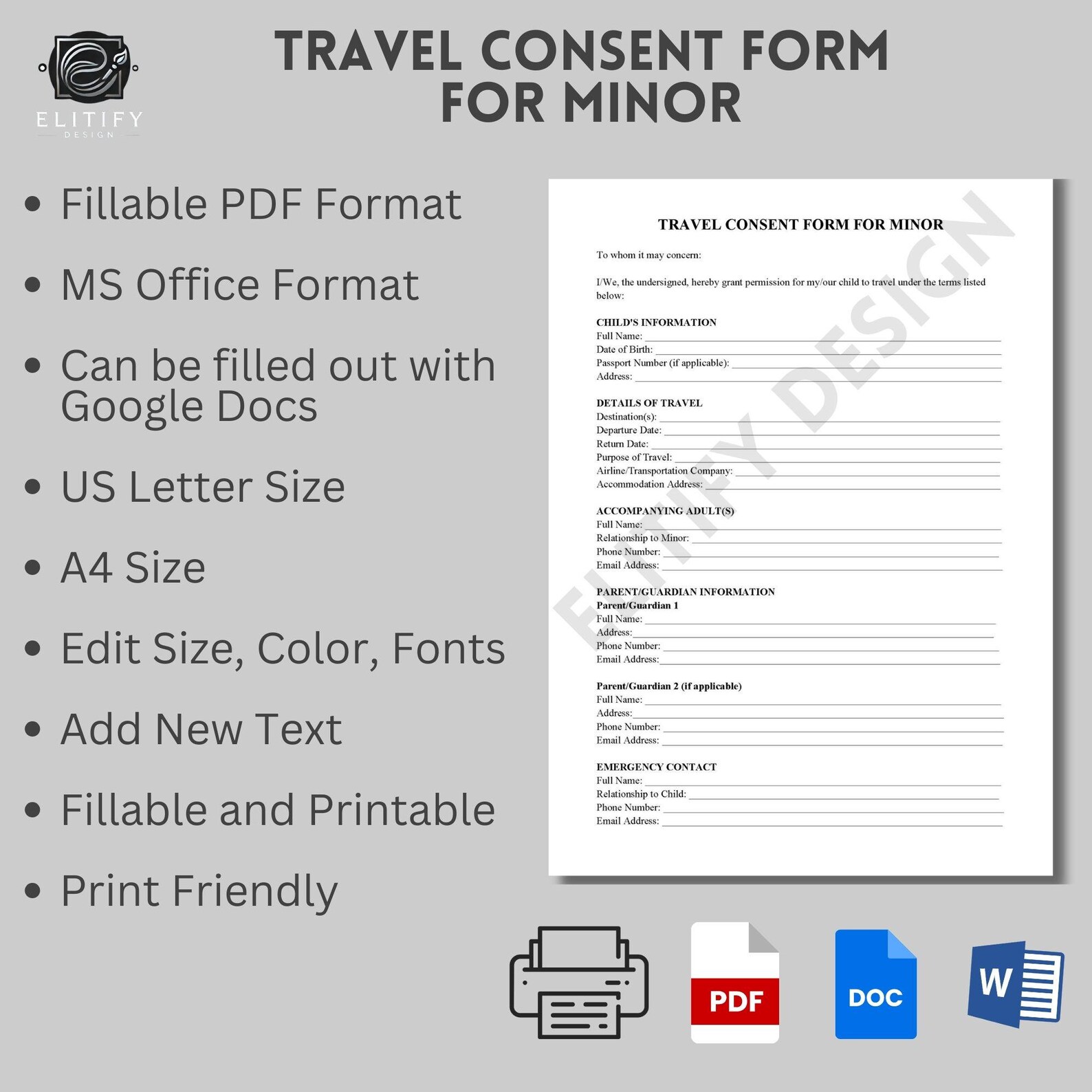 TRAVEL CONSENT FORM for Minor Template / Editable, Fillable, Printable ...