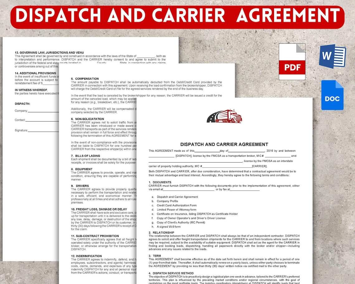 Dispatcher and Carrier Agreement Editable and Fillable Files. - Etsy