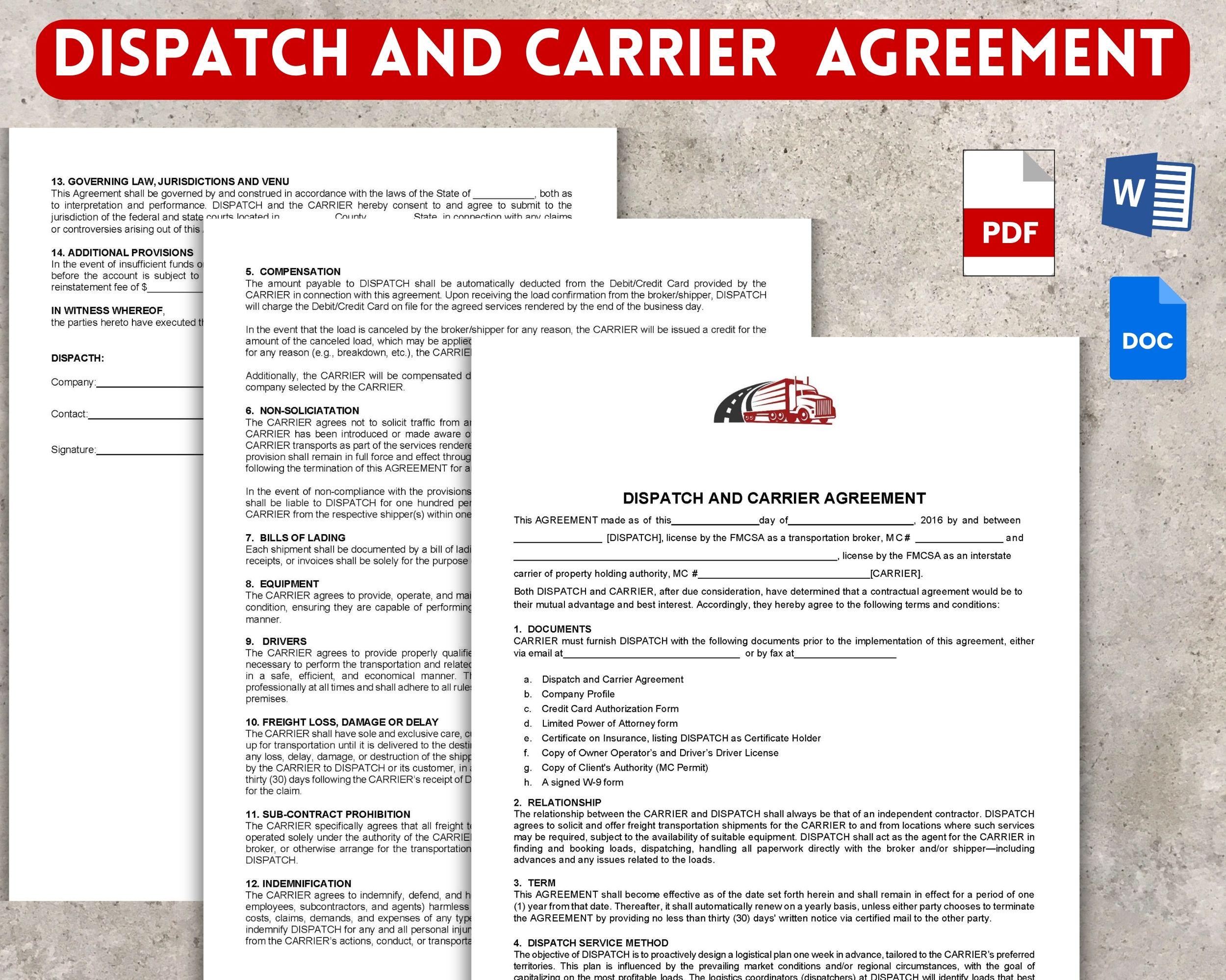 Dispatcher and Carrier Agreement Editable and Fillable Files. - Etsy