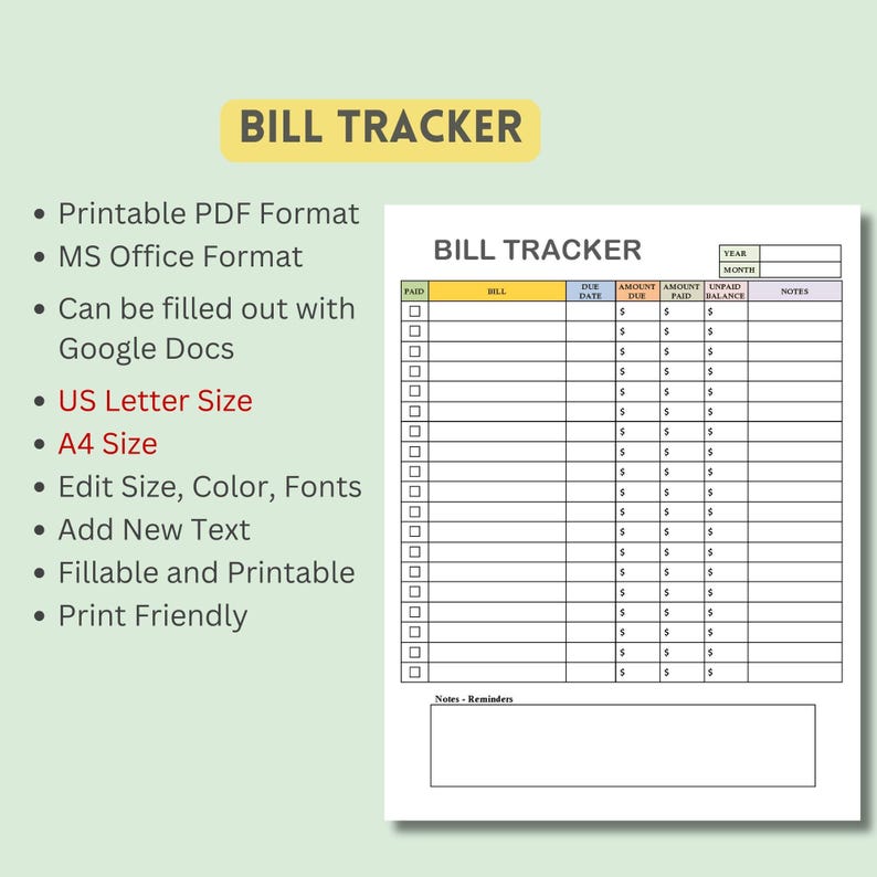 Bill Payment Tracker Printable, Fillable, 6 Colors (MS Word, PDF) - Etsy