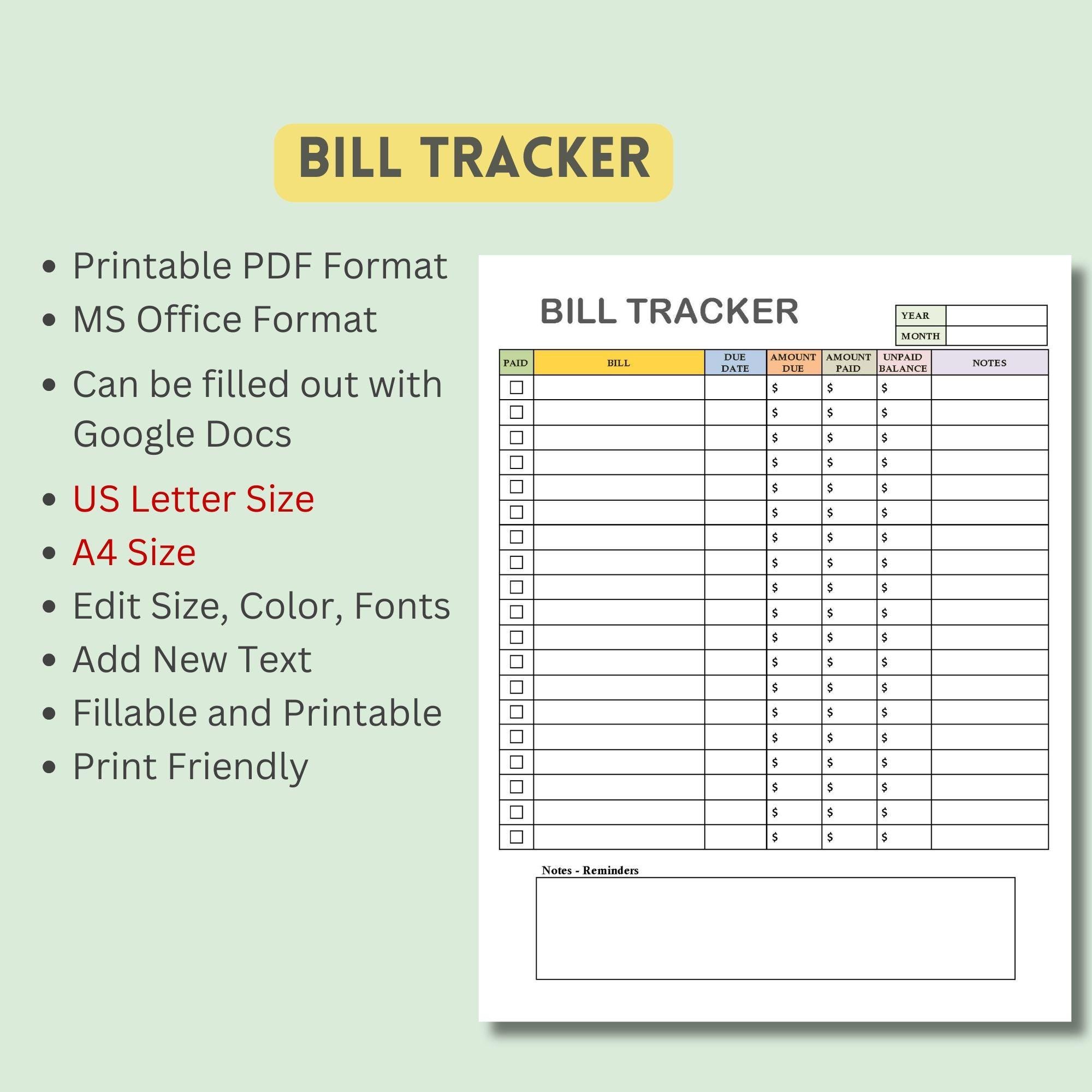 Monthly Bill Tracker Printable and Fillable on MS Word. 6 Colors. Bill ...