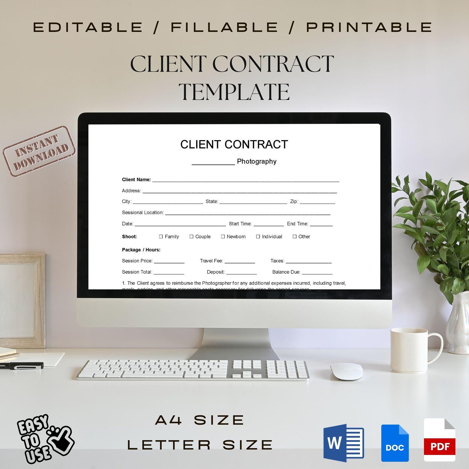 Photographer CLIENT CONTRACT TEMPLATE / 1 Page Template / Photographer ...