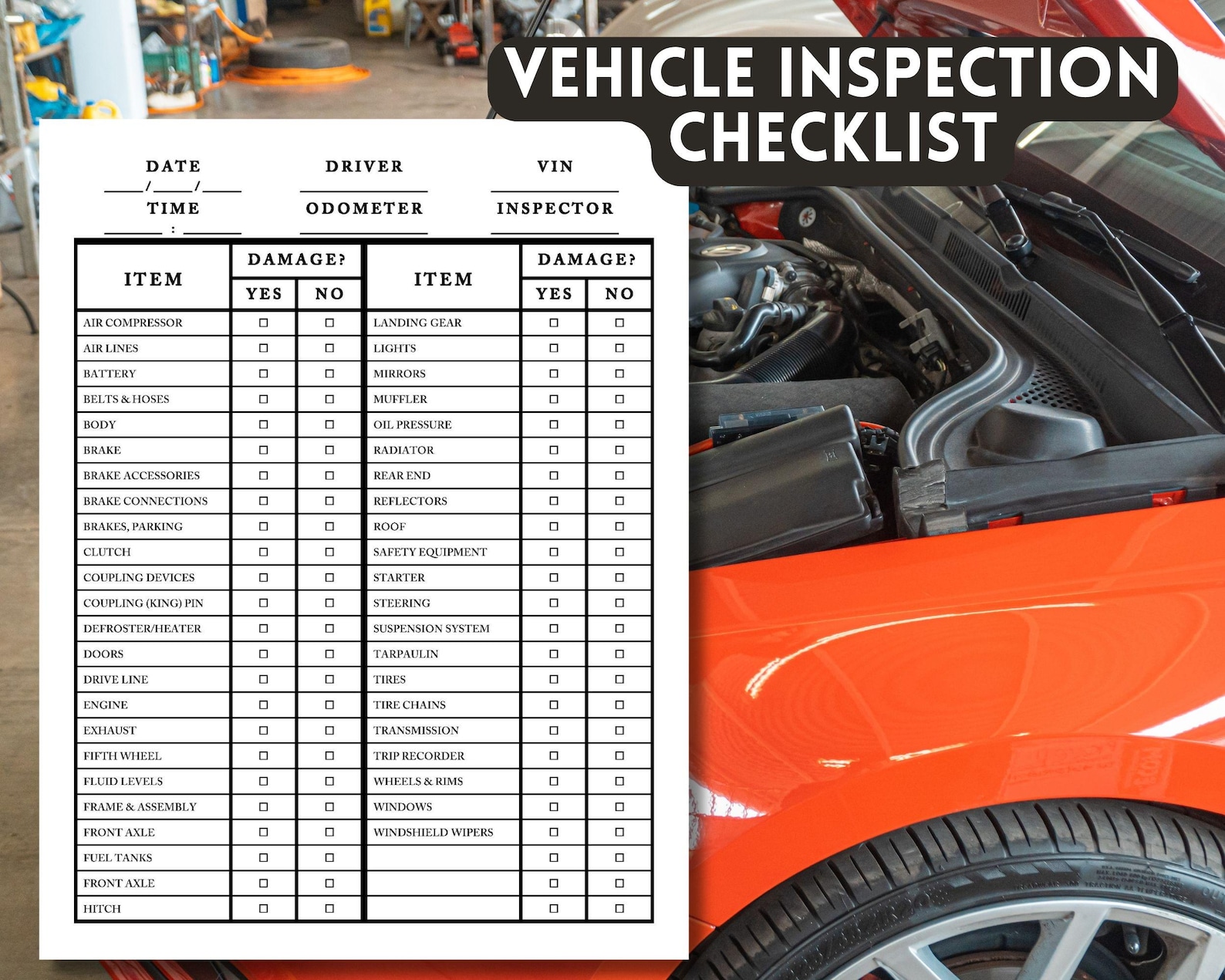 Vehicle Inspection Check List Template, Printable PDF File. Instant ...