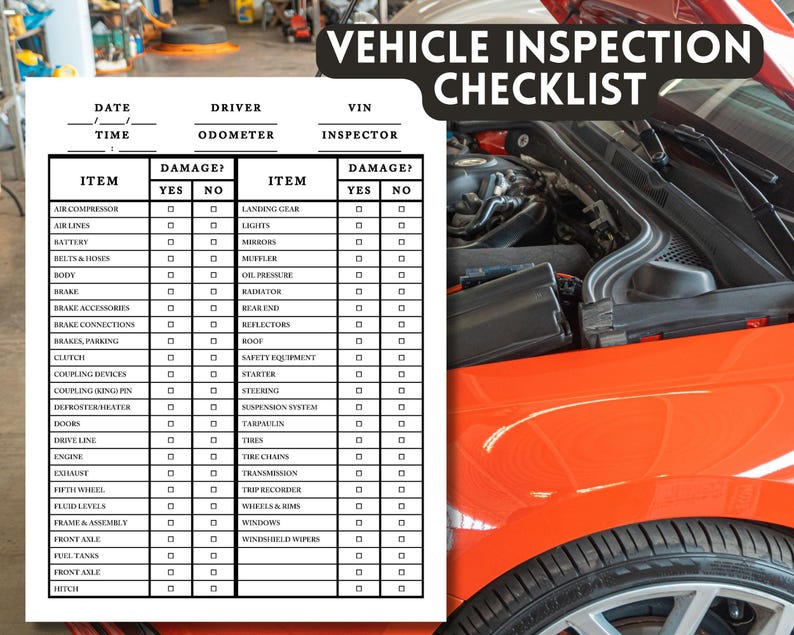 Vehicle Inspection Check List Template, Printable PDF File. Instant ...
