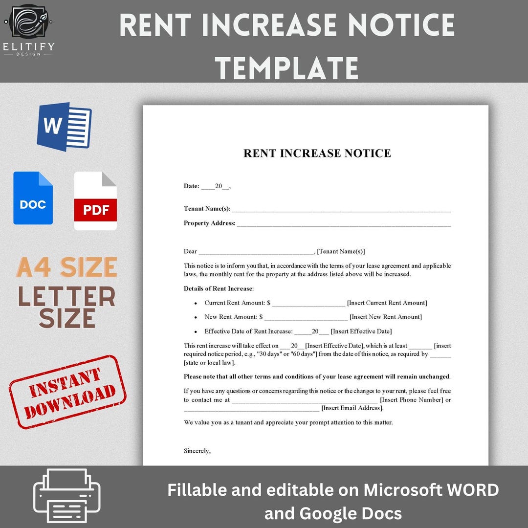 RENT INCREASE NOTICE Template / Fillable and Printable / in Pdf ...