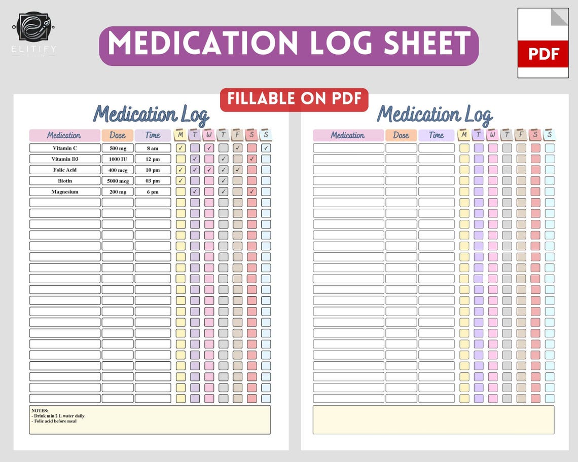 Printable Medication Log, Supplement Tracker (fillable PDF) - Etsy