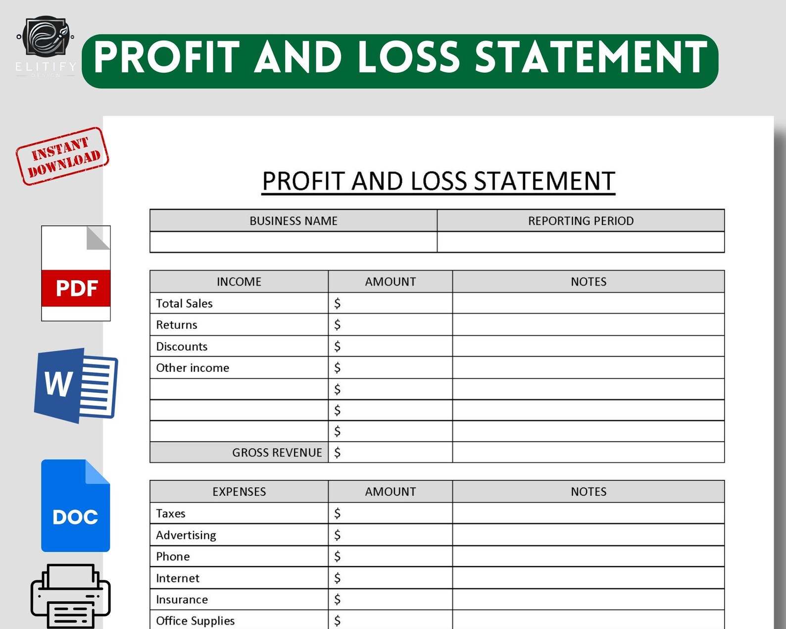 Profit and Loss Statement Template: Financial Tracking (word/pdf) - Etsy