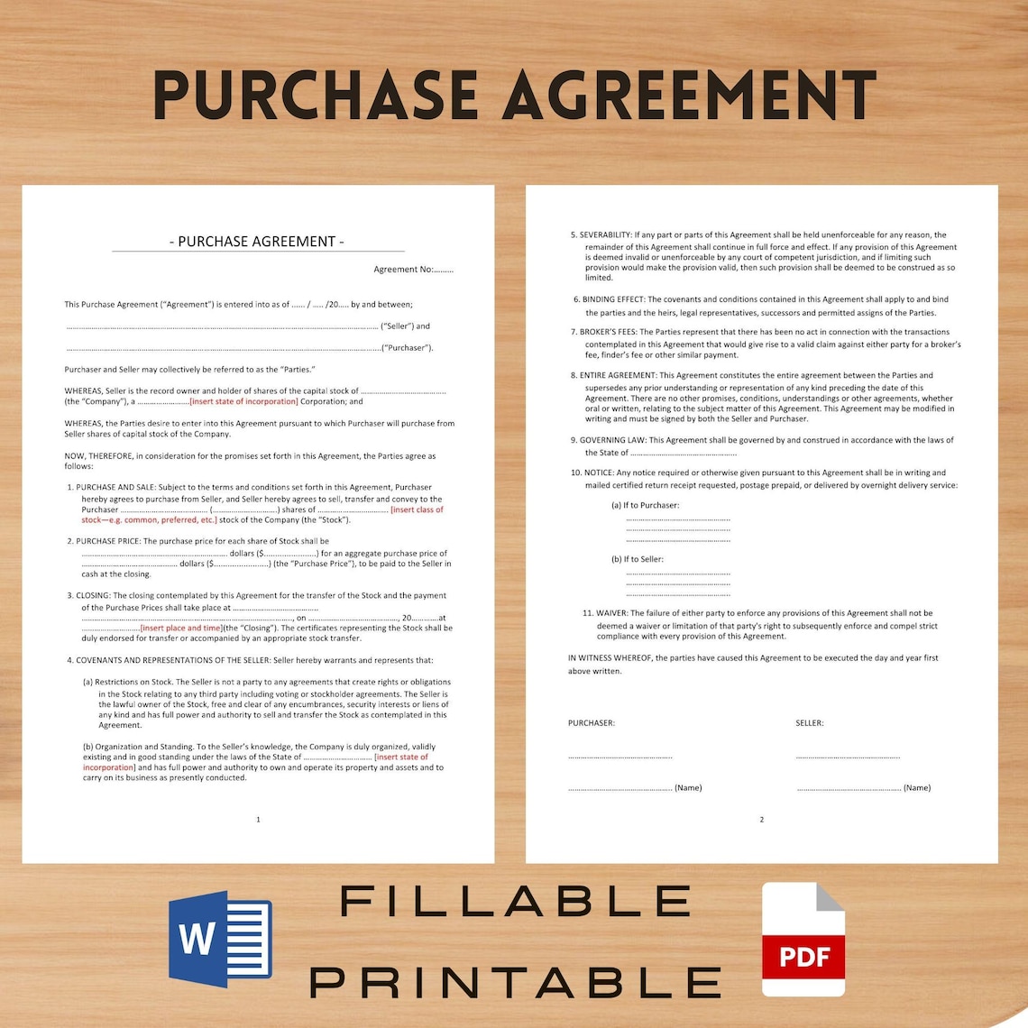 Purchase Agreement Template Printable PDF and WORD Format. Documenting ...