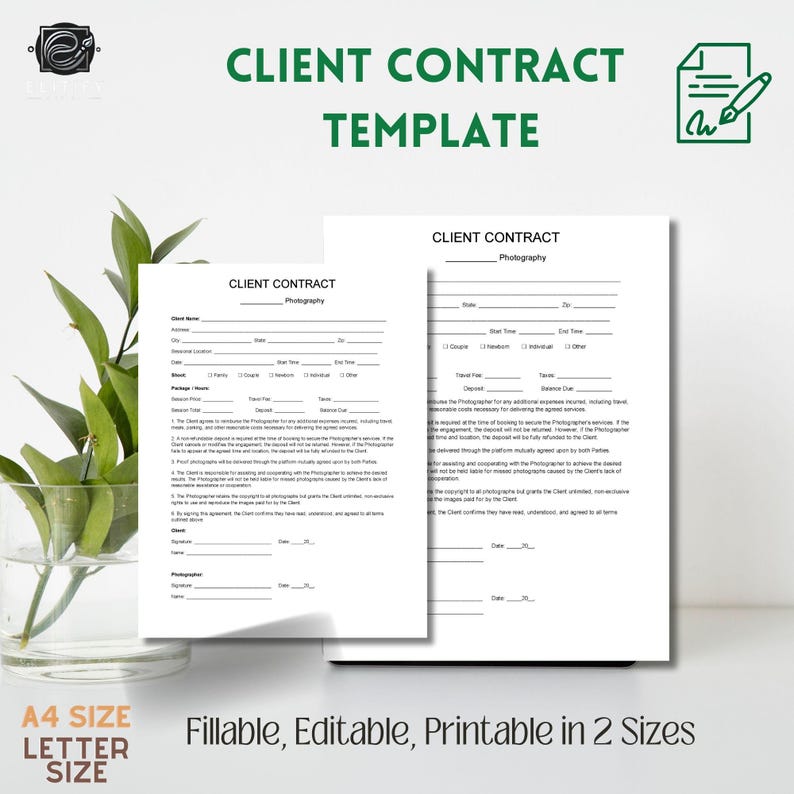CLIENT CONTRACT TEMPLATE / 1 Page Template / Photographer Contract ...