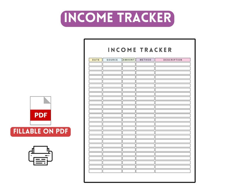 Editable Income Tracker. PDF Spreadsheet | Budget and Finance Planner ...