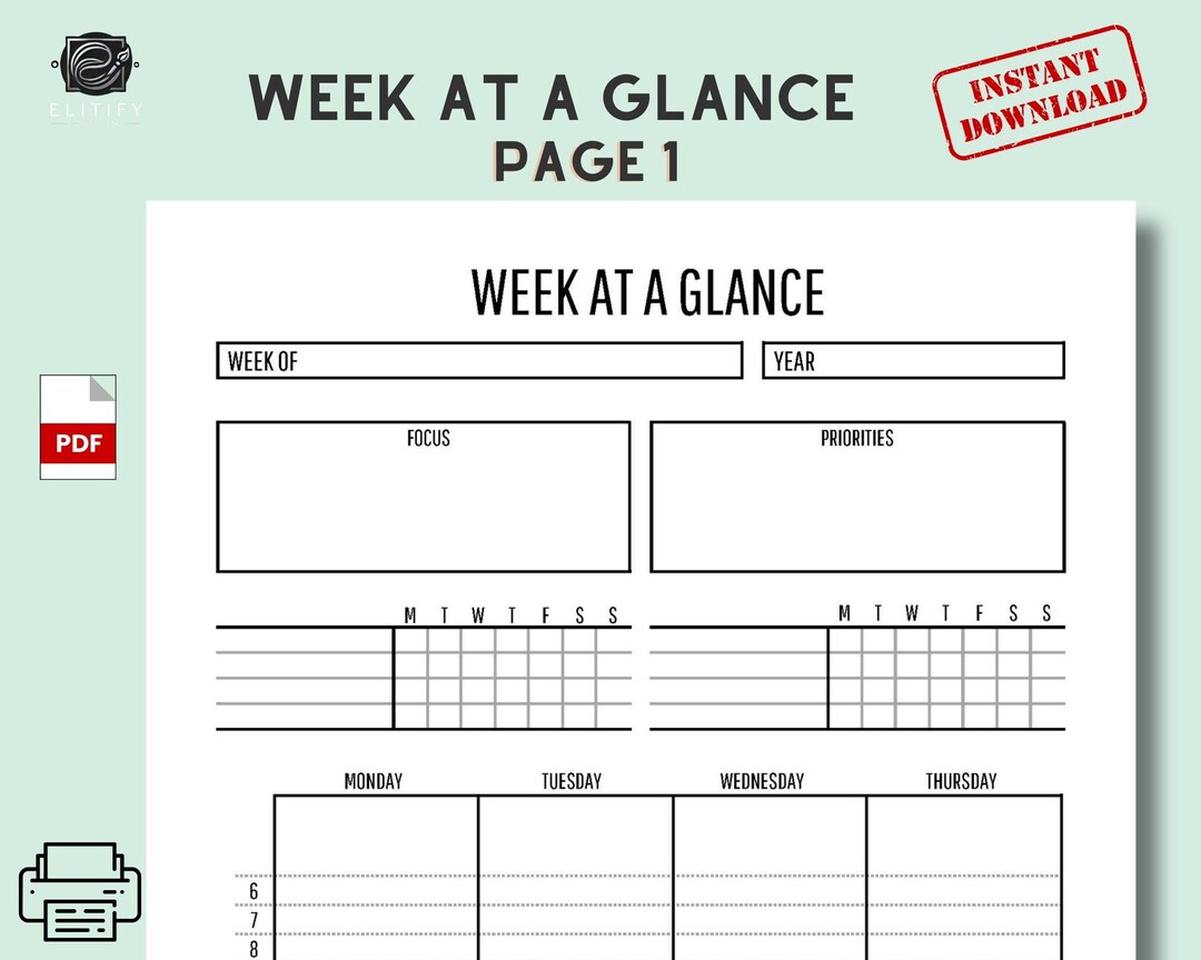 Week at a Glance Printable Template. US Letter Size, Weekly Schedule ...