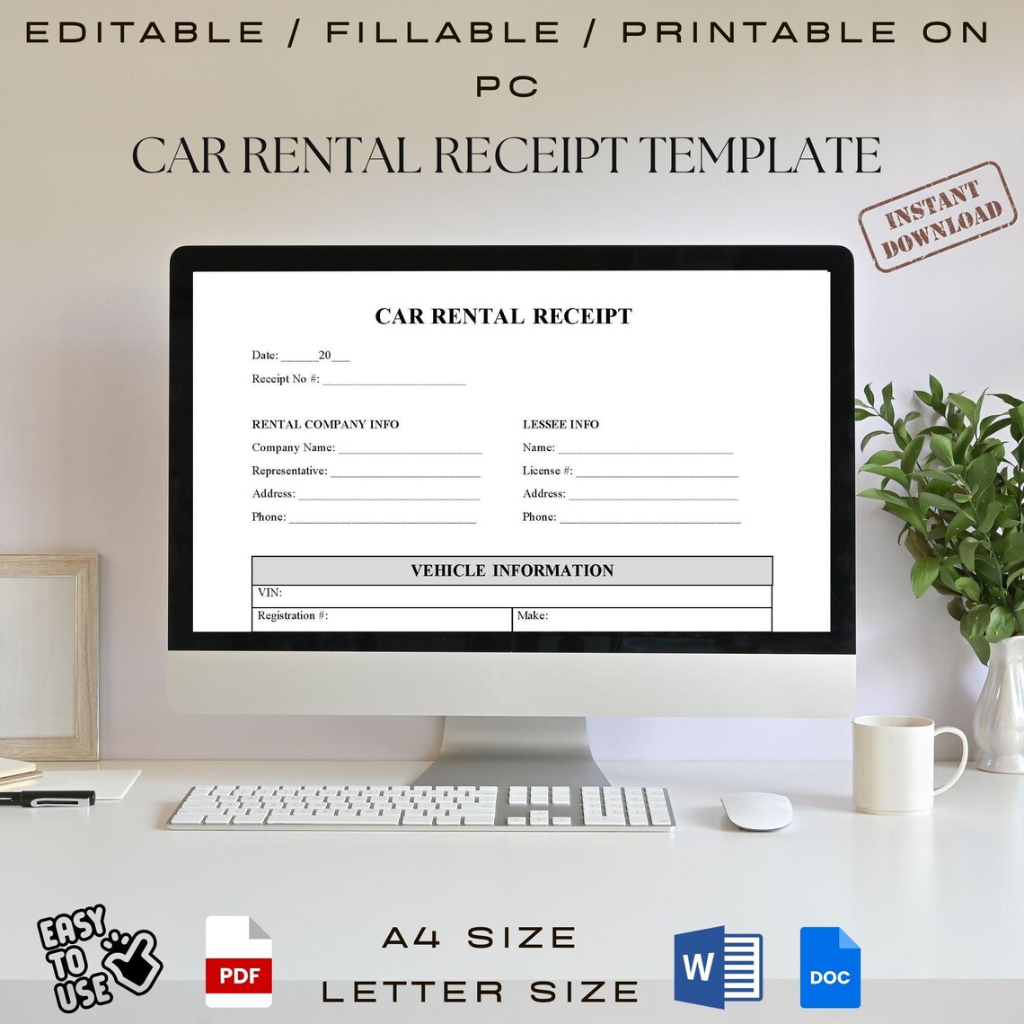 CAR RENTAL RECEIPT Template / Vehicle Rental Receipt Form / Editable ...
