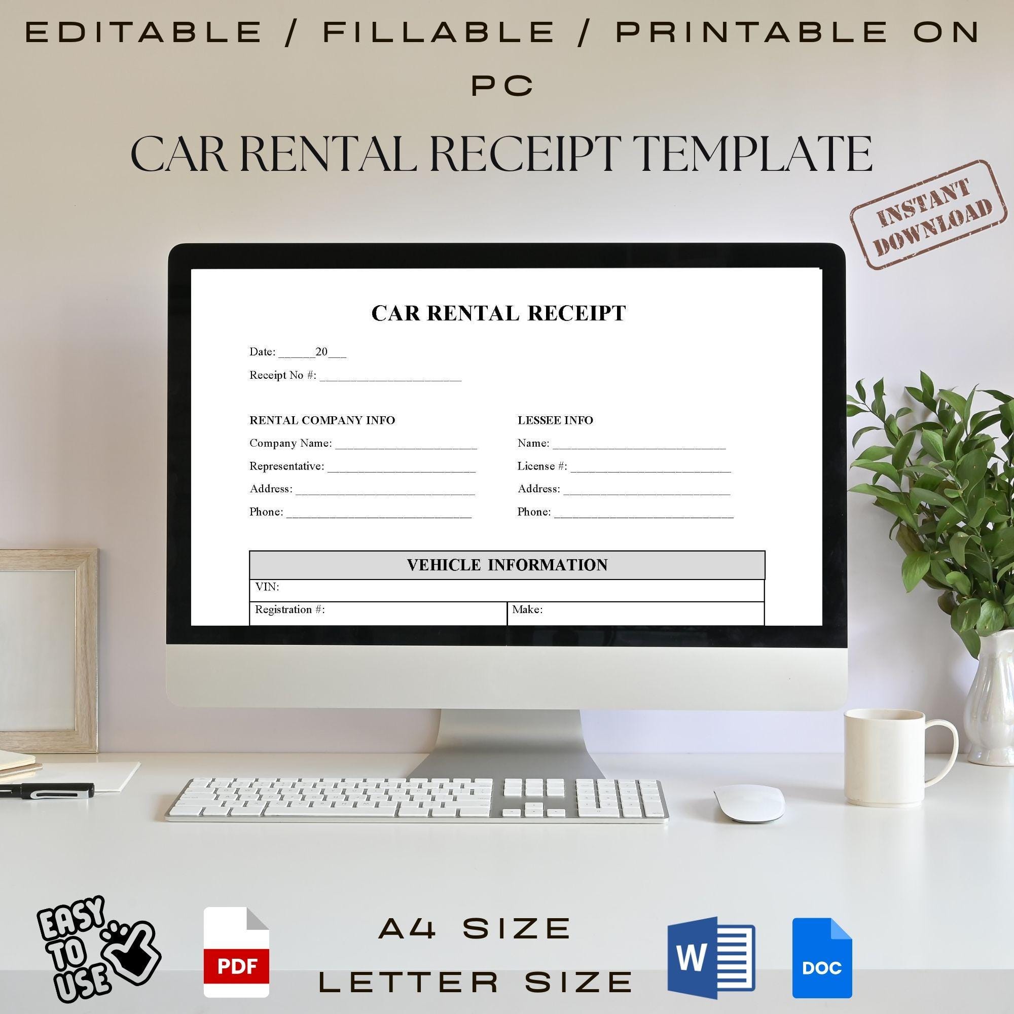 CAR RENTAL RECEIPT Template / Vehicle Rental Receipt Form / Editable ...