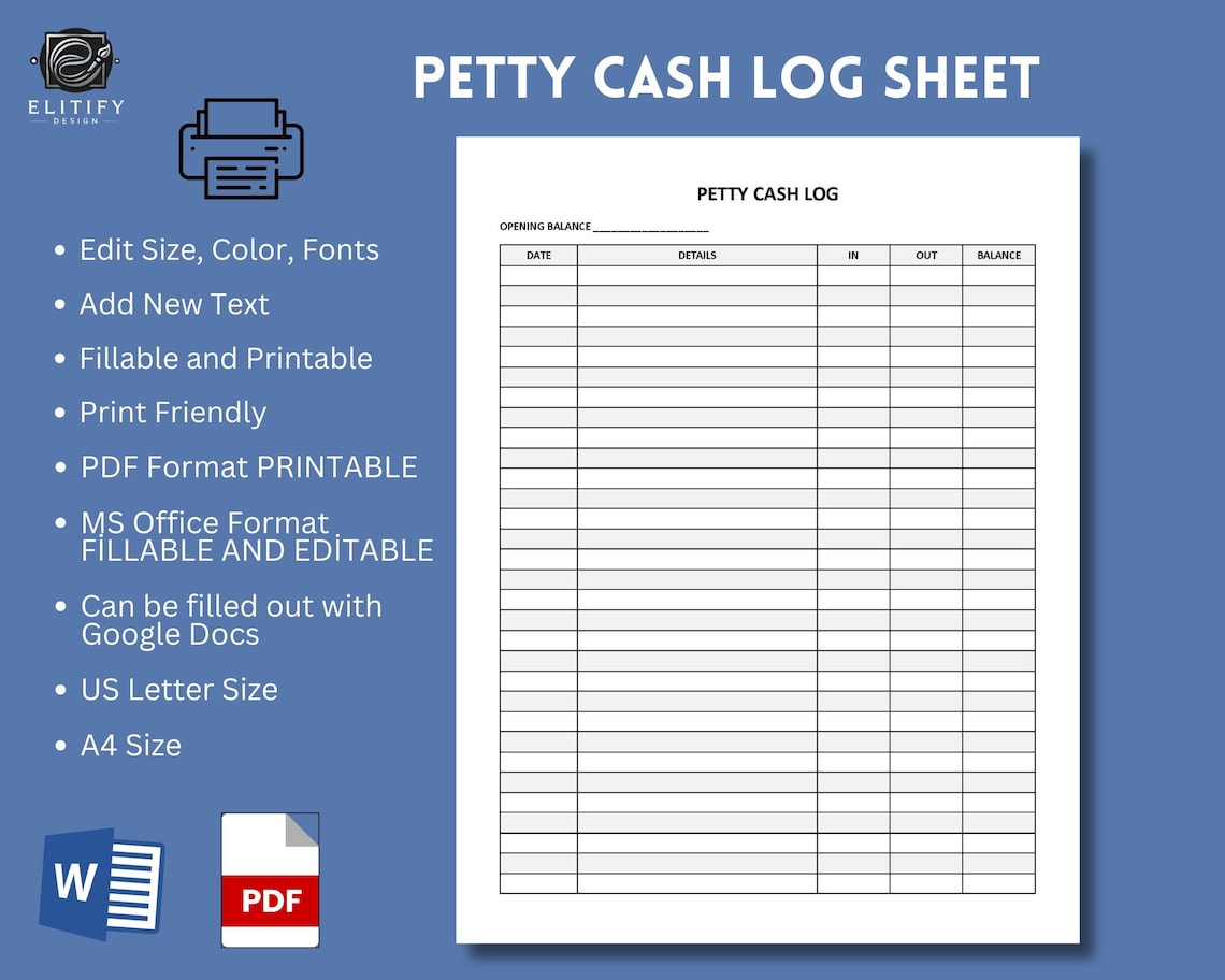 Petty Cash Log Sheet, Money Tracker. Expense Tracker. Printable and Fillable on MS Word Format ...