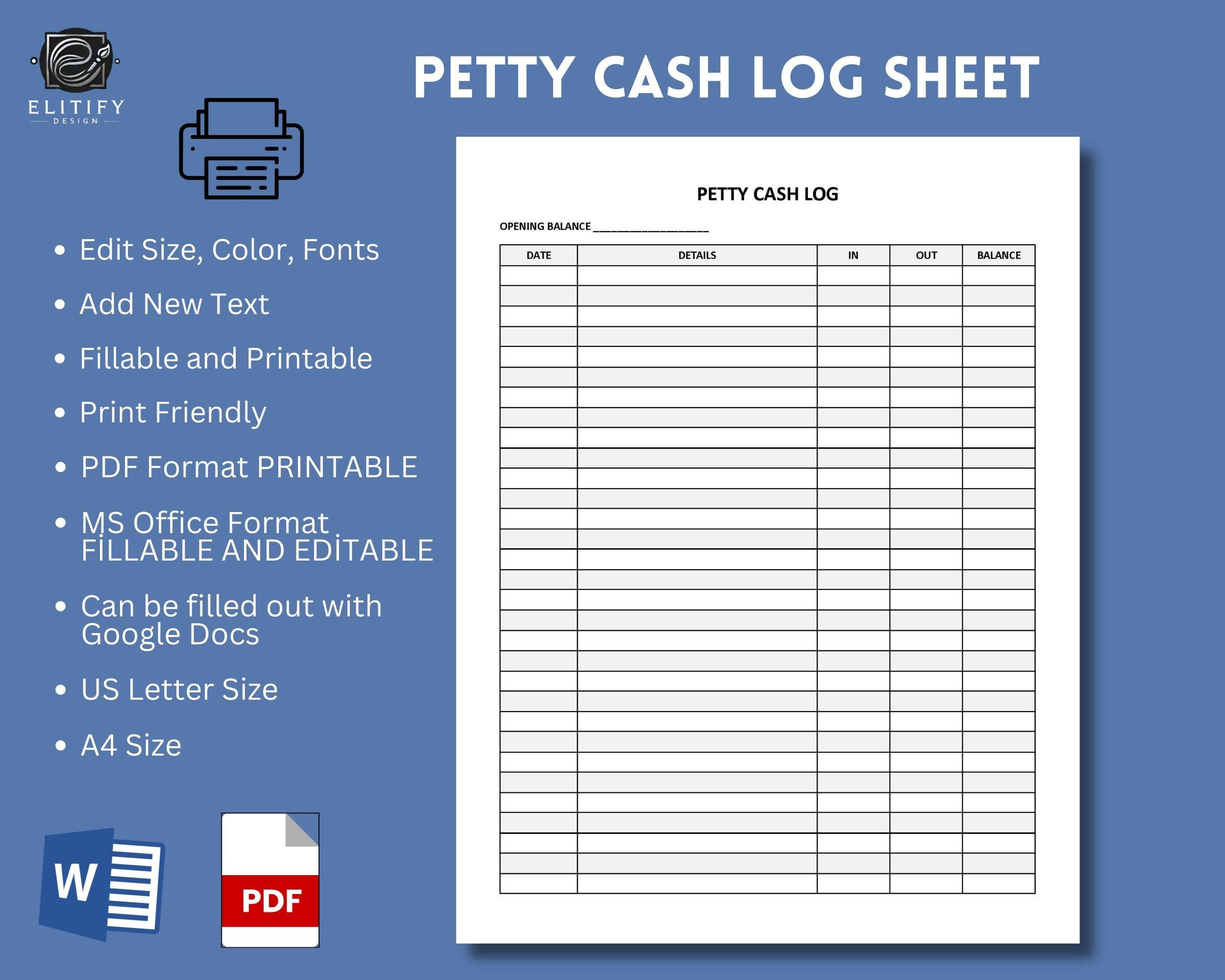 Petty Cash Log Sheet, Money Tracker. Expense Tracker. Printable and ...
