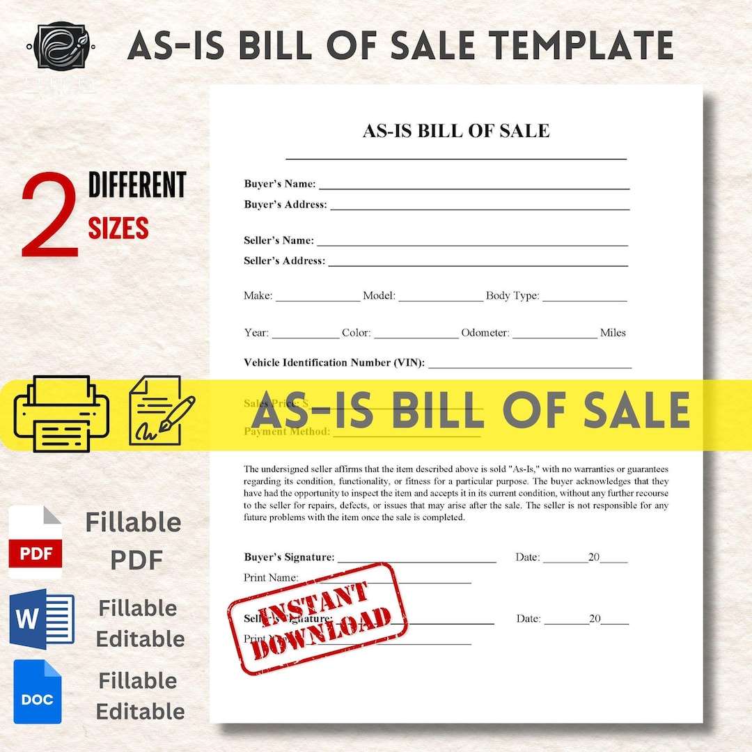 As-is Bill of Sale Template, Vehicle Sale Agreement (fillable PDF ...