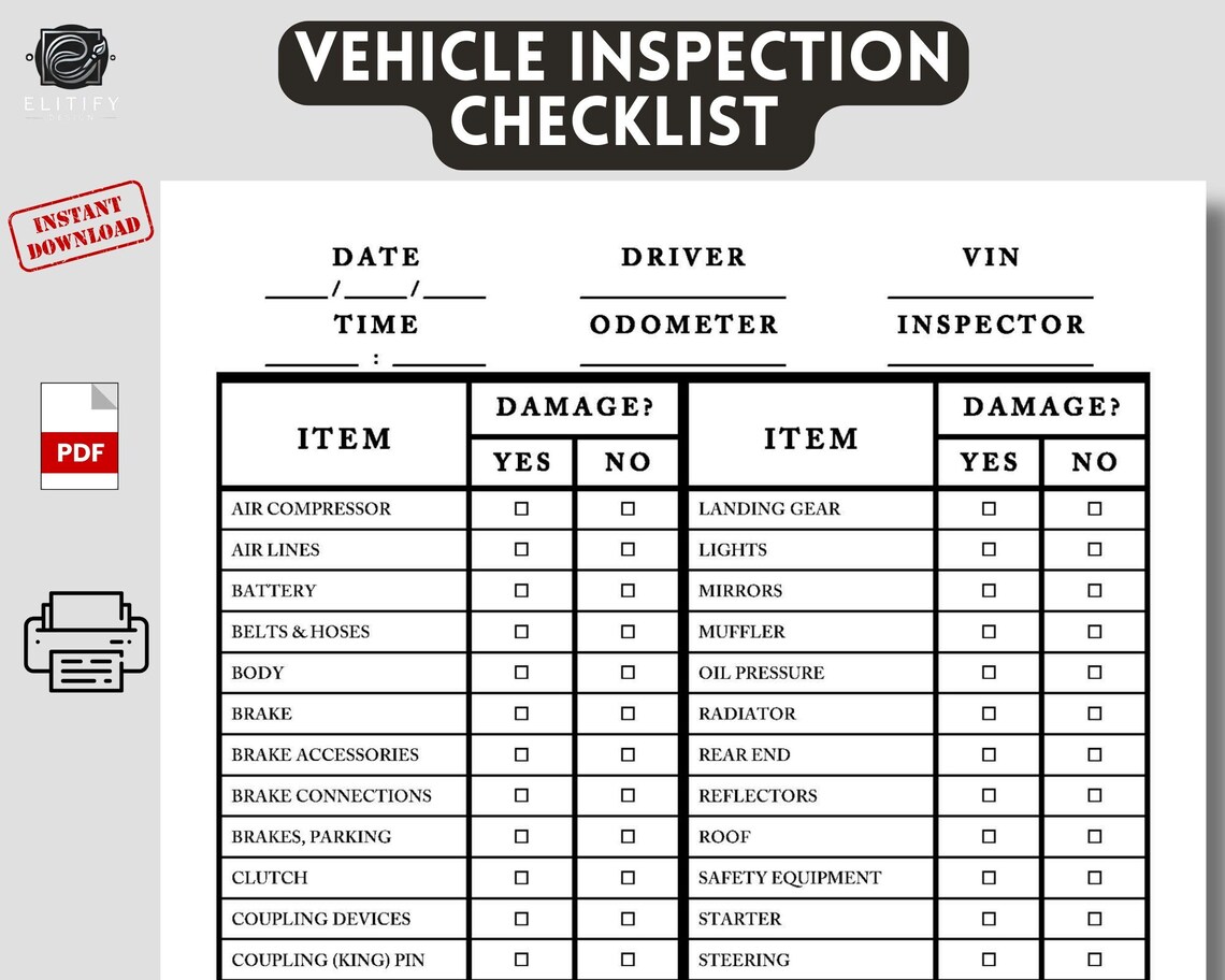 Vehicle Inspection Check List Template, Printable PDF File. Instant ...