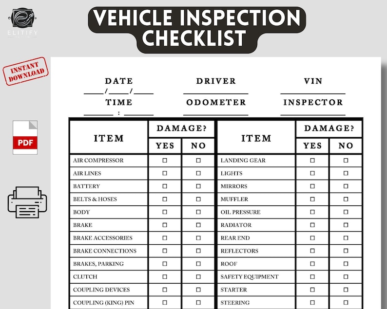 Vehicle Inspection Check List Template, Printable PDF File. Instant ...