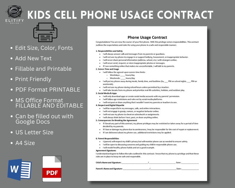 Kids Cellphone Contract. Editable Cell Phone Contract. Digital Download ...