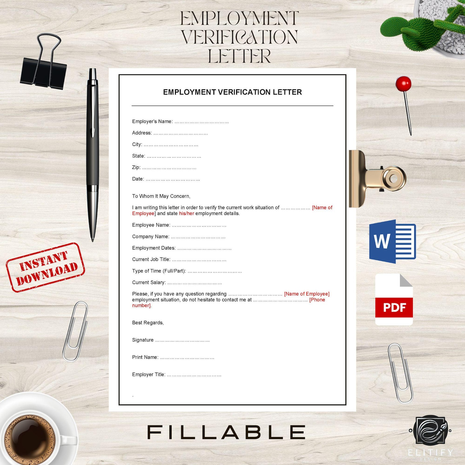 Fillable Employment Verification Letter Template (PDF & MS Word) - Etsy