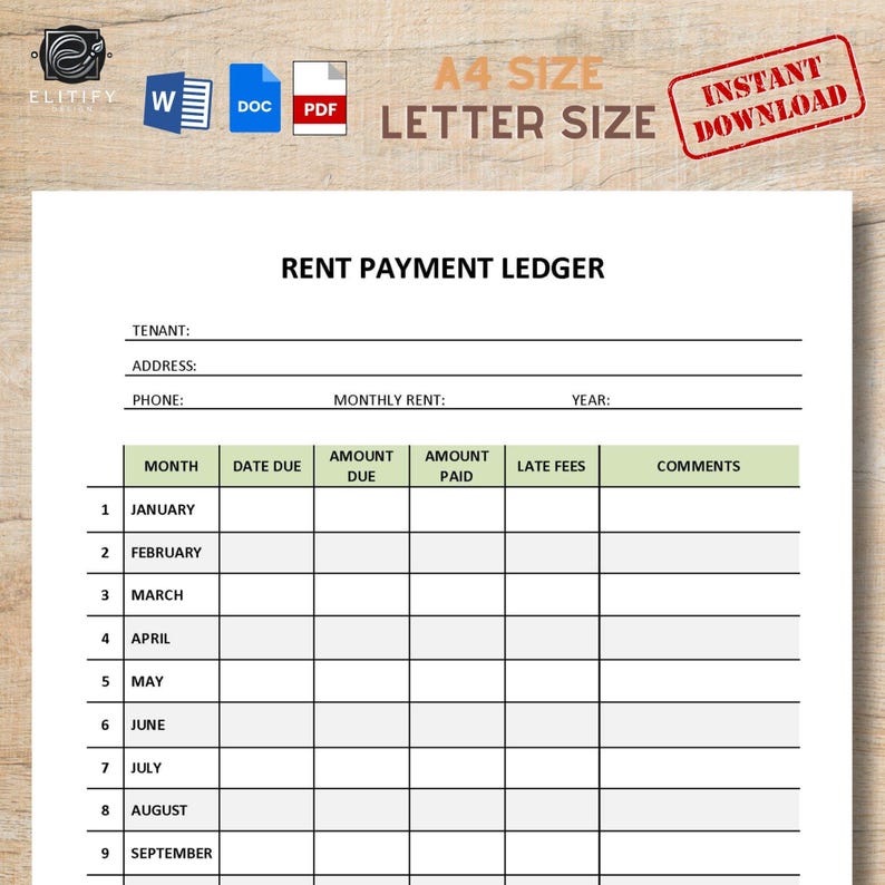RENT PAYMENT LEDGER Template /financial Statement/small Business Editable Fillable Printable ...