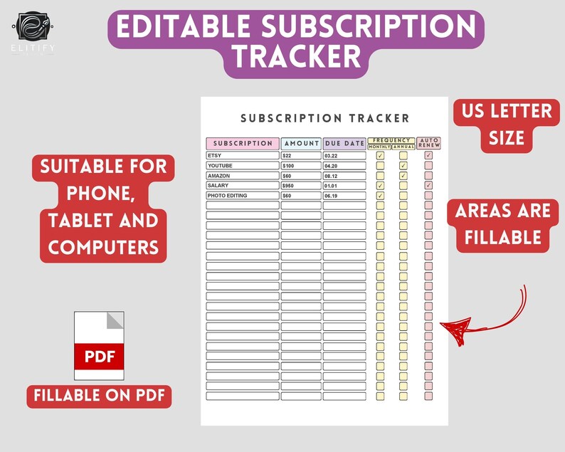Subscription Tracker | Printable Expense Log (fillable PDF) - Etsy