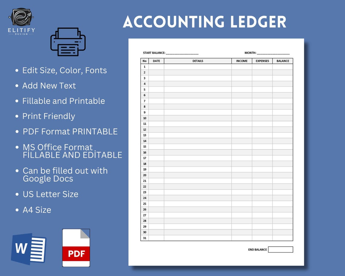 Accounting Ledger Sheet, Money Tracker. Expense Tracker. Printable and ...