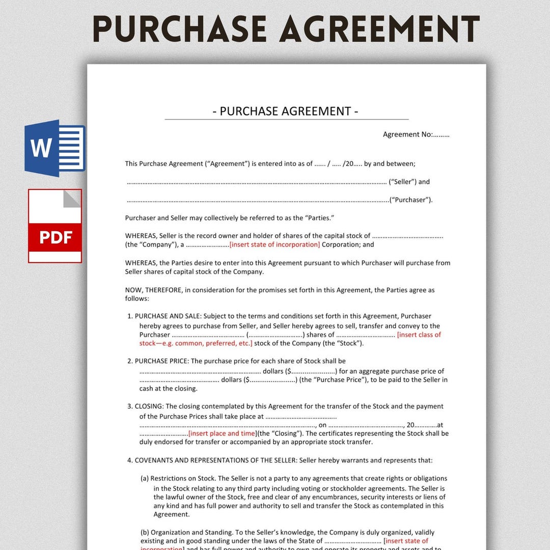Purchase Agreement Template Printable PDF and WORD Format. Documenting ...