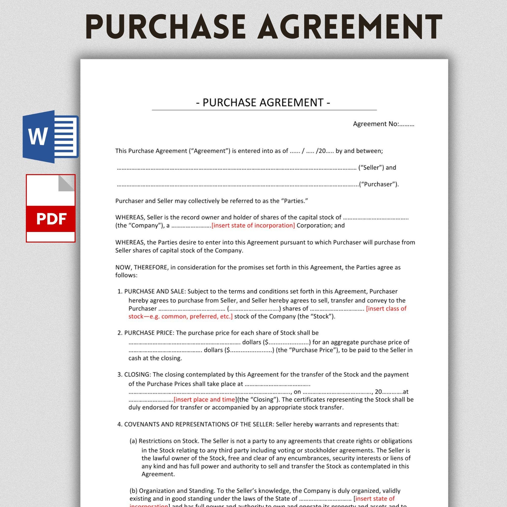 Purchase Agreement Template Printable PDF and WORD Format. Documenting ...
