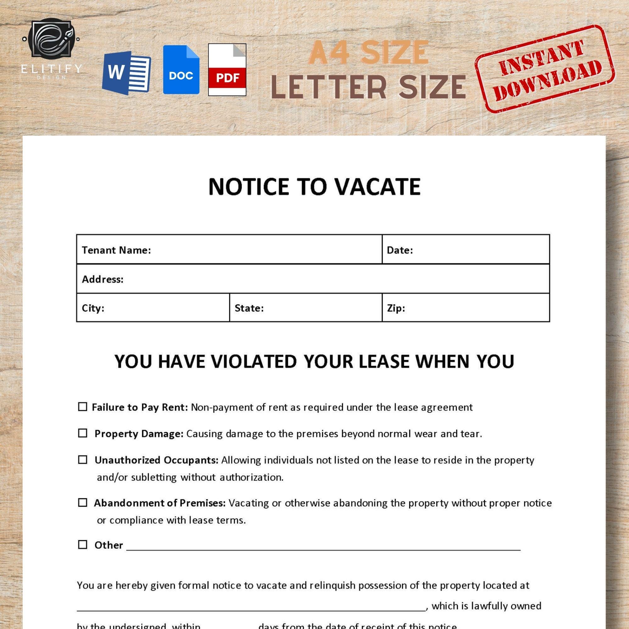 Notice to Vacate. Notice to Quit /eviction Notice. Lease Termination Form. Editable, Fillable ...